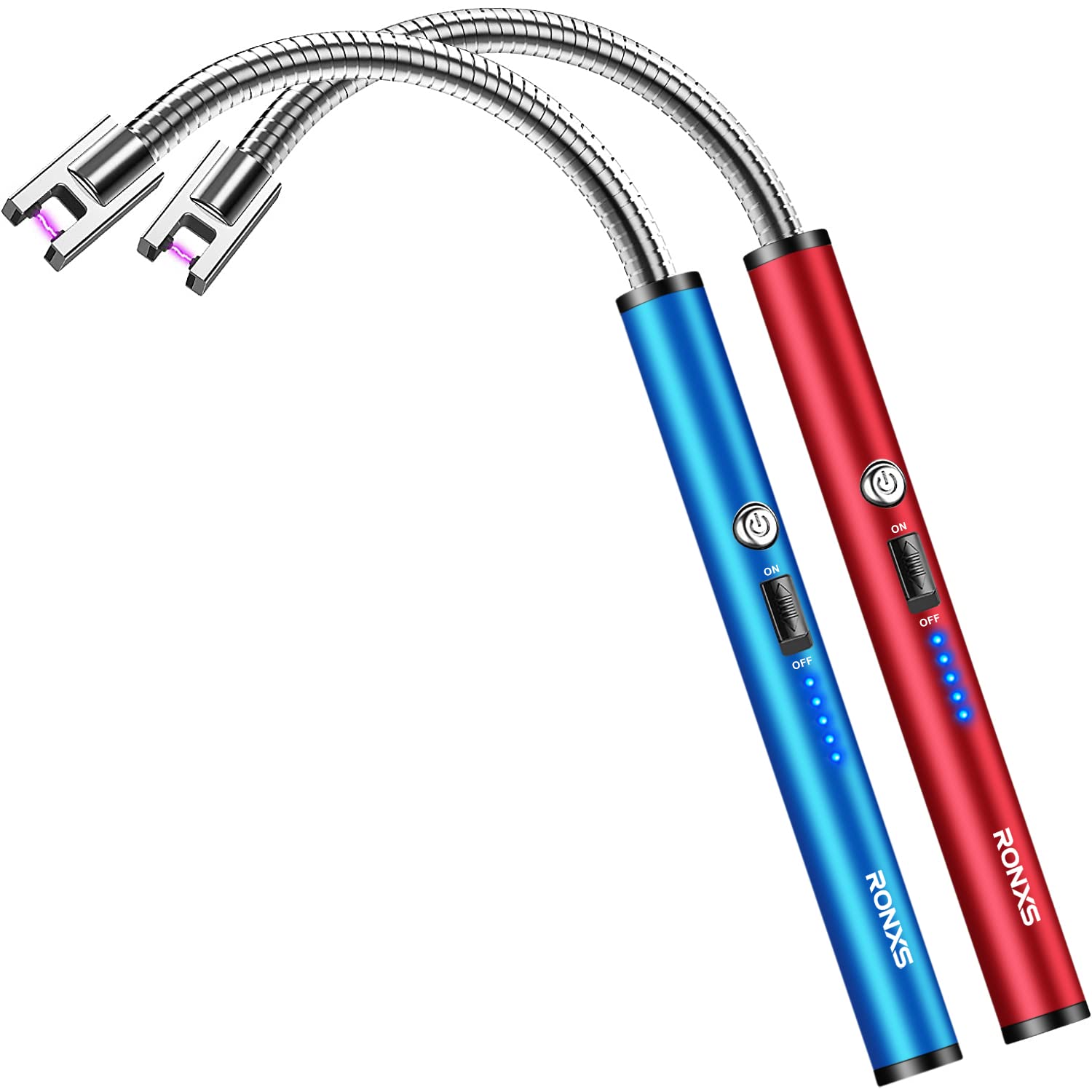 RONXS Lighter Electric Lighter Rechargeable Arc Type C Candle Lighters with LED Battery Display, Flexible Neck Windproof Flameless Plasma Long Lighters for Candle BBQ Camping (Red&Blue)