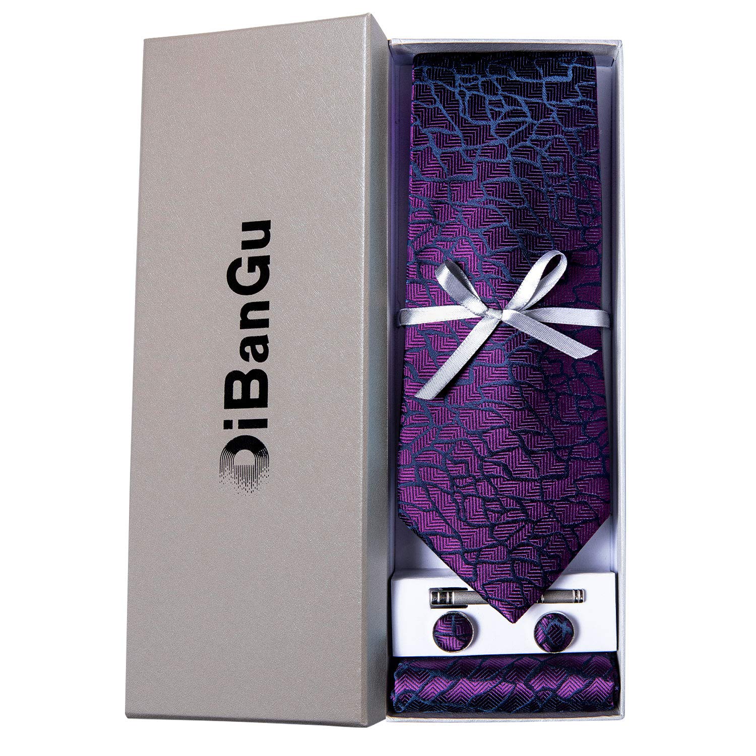 DiBanGu Plaid Ties for Men Silk Checkered Necktie and Pocket Square Cufflinks Tie Clip Set with Gift Box for Wedding Business, Purple and Black