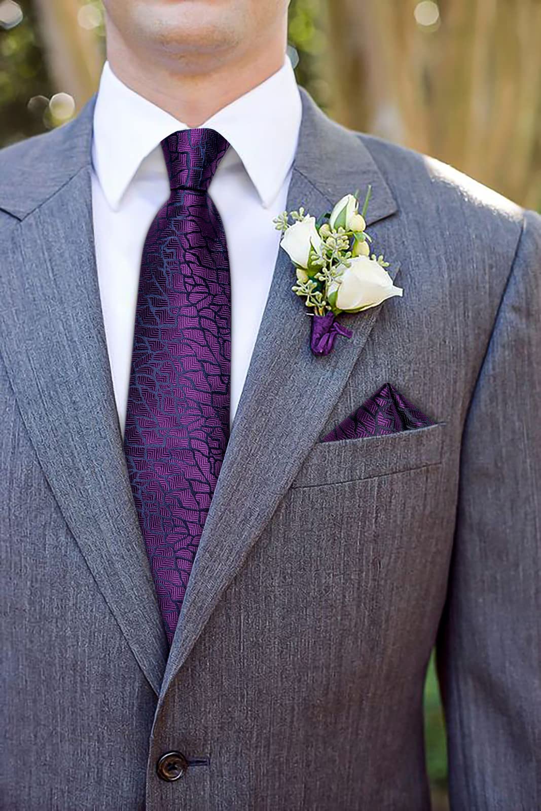 DiBanGu Plaid Ties for Men Silk Checkered Necktie and Pocket Square Cufflinks Tie Clip Set with Gift Box for Wedding Business, Purple and Black