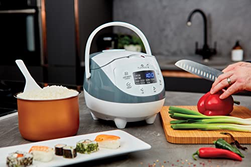 YumAsia Panda Mini Rice Cooker With Ninja Ceramic Bowl and Advanced Fuzzy Logic (3.5 cup, 0.63 litre) 4 Rice Cooking Functions, 4 Multicooker functions, Motouch LED display - 120V (White and Grey)