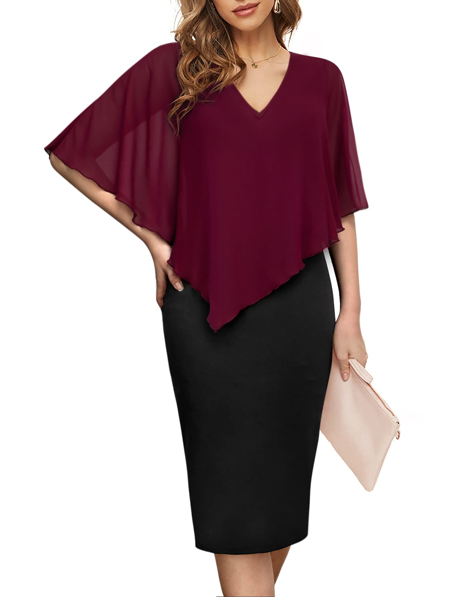 Bodhi talk Women's Solid Color Tank Dress Floral Chiffon Fake Two Pieces Dress Sleeveless Sheath Cape Dresses Dark Red X-Large