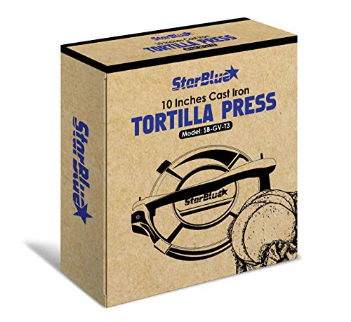 10 Inch Cast Iron Tortilla Press by StarBlue with FREE 100 Pieces Oil Paper and Recipes e-book - Tool to make Indian style Chapati, Flour Tortilla, Roti