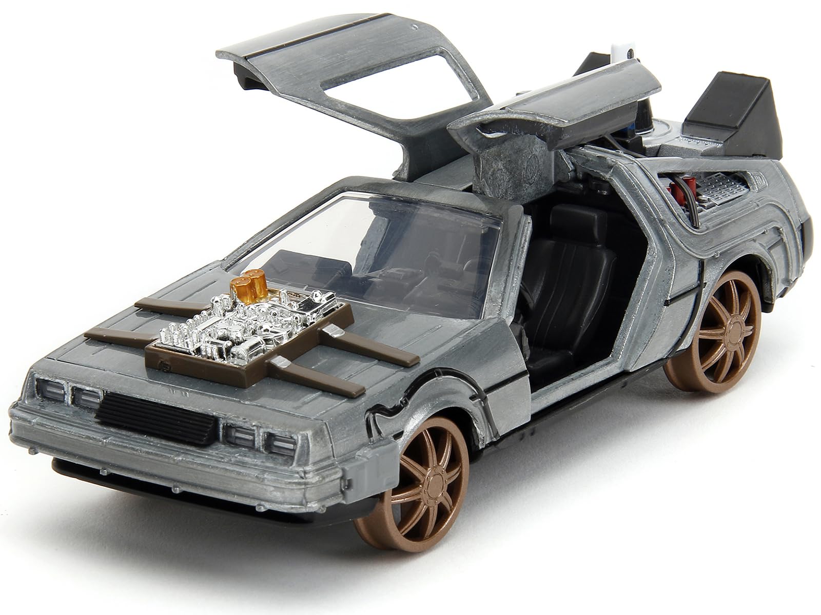 Delorean DMC (Time Machine) Brushed Metal Train Wheel Version Back to The Future Part III (1990) Movie Hollywood Rides Series 1/32 Diecast Model Car by Jada 34786