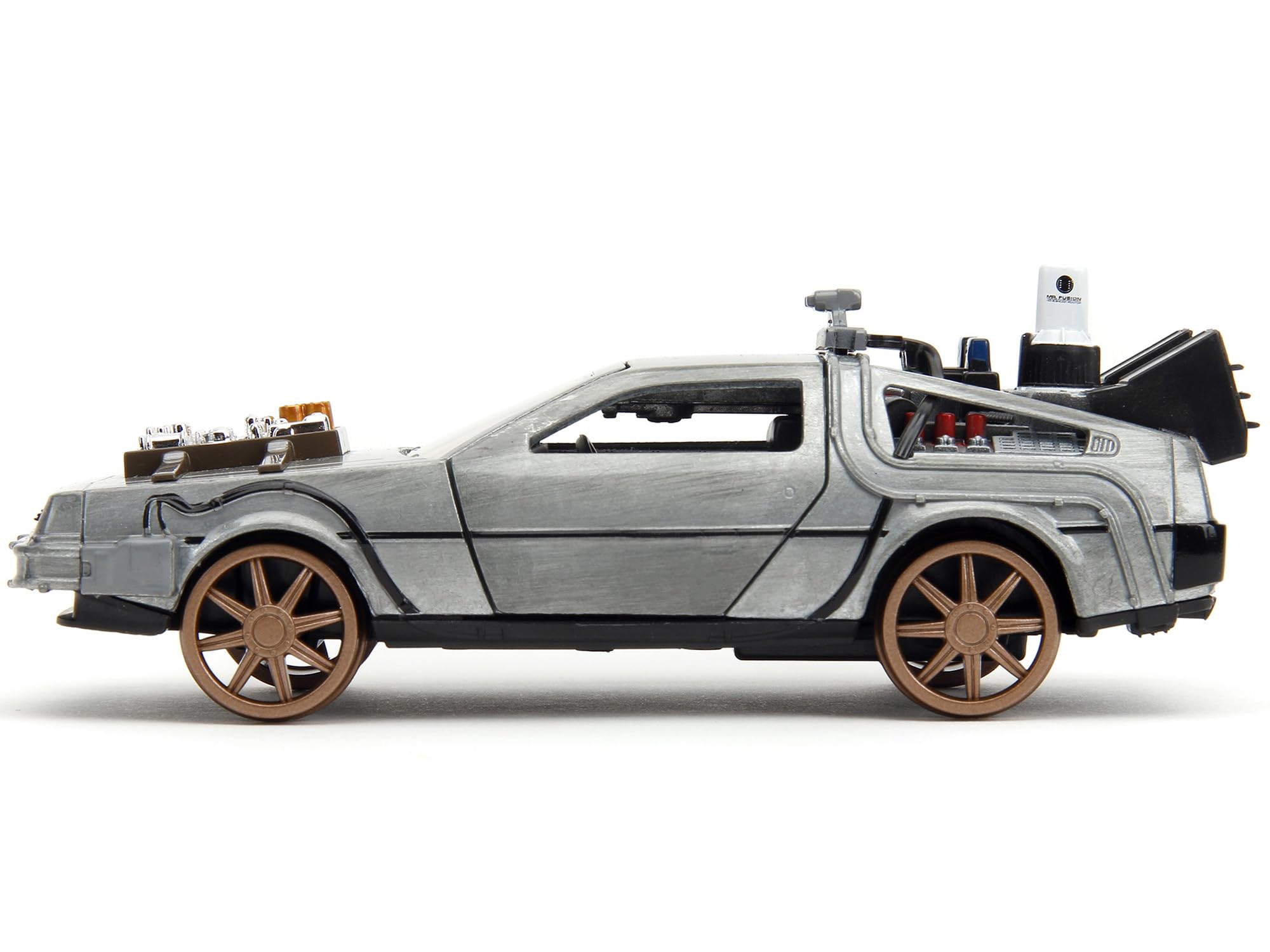 Delorean DMC (Time Machine) Brushed Metal Train Wheel Version Back to The Future Part III (1990) Movie Hollywood Rides Series 1/32 Diecast Model Car by Jada 34786