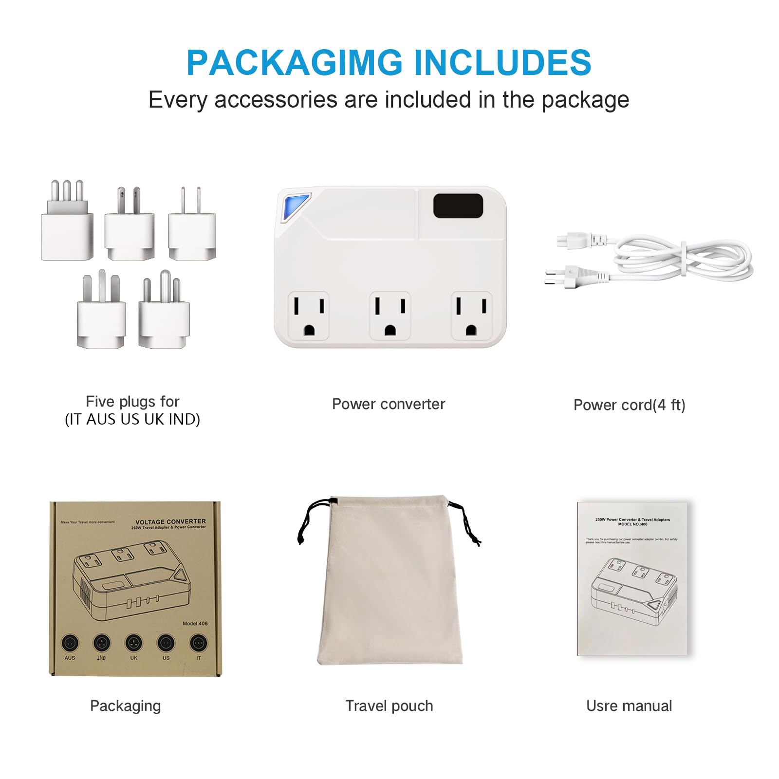 Travel Voltage Converter Step Down, 250W International Power Adapter for Hair Straightener/Curling Iron, Including UK/US/EU/AU/IT/India Universal Plug Adapter (White)
