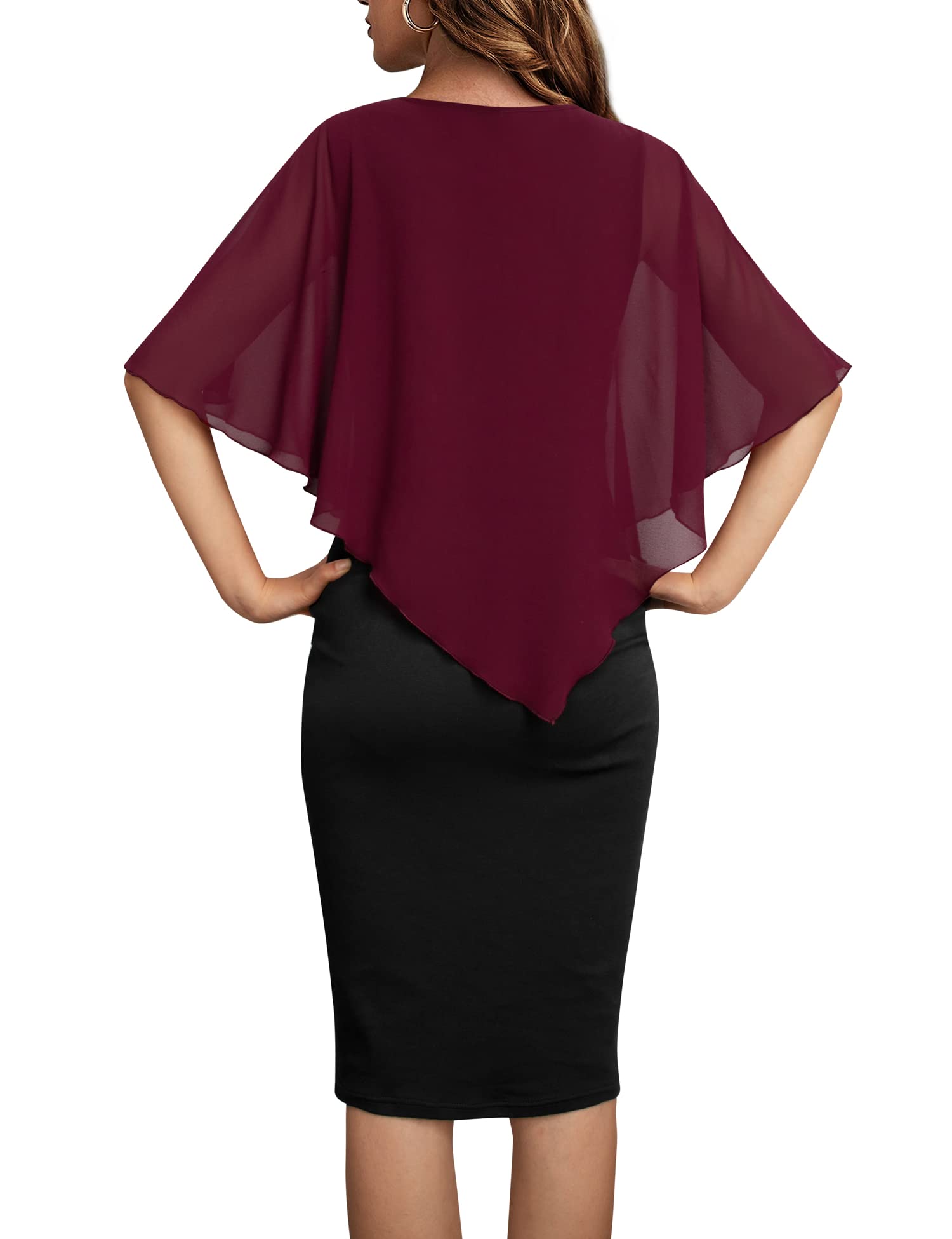 Bodhi talk Women's Solid Color Tank Dress Floral Chiffon Fake Two Pieces Dress Sleeveless Sheath Cape Dresses Dark Red X-Large