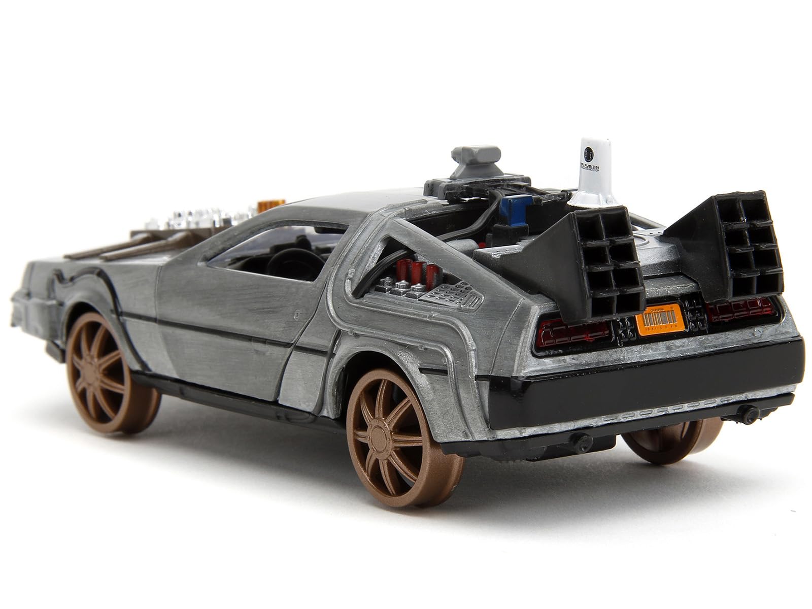 Delorean DMC (Time Machine) Brushed Metal Train Wheel Version Back to The Future Part III (1990) Movie Hollywood Rides Series 1/32 Diecast Model Car by Jada 34786
