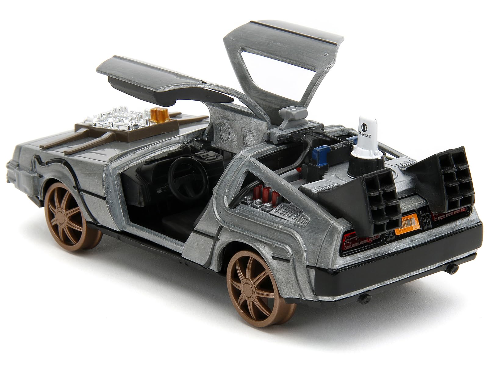 Delorean DMC (Time Machine) Brushed Metal Train Wheel Version Back to The Future Part III (1990) Movie Hollywood Rides Series 1/32 Diecast Model Car by Jada 34786