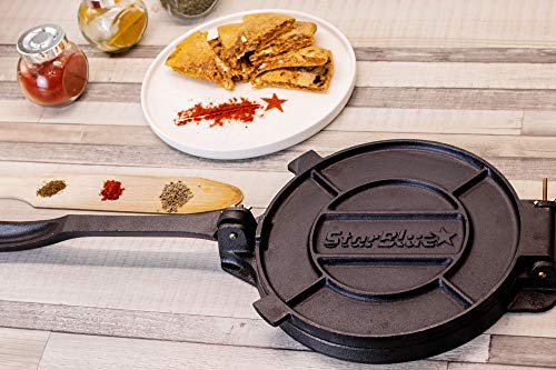 10 Inch Cast Iron Tortilla Press by StarBlue with FREE 100 Pieces Oil Paper and Recipes e-book - Tool to make Indian style Chapati, Flour Tortilla, Roti