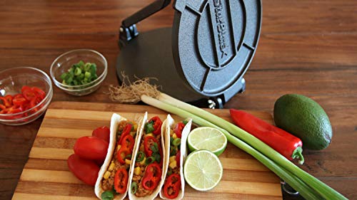 10 Inch Cast Iron Tortilla Press by StarBlue with FREE 100 Pieces Oil Paper and Recipes e-book - Tool to make Indian style Chapati, Flour Tortilla, Roti