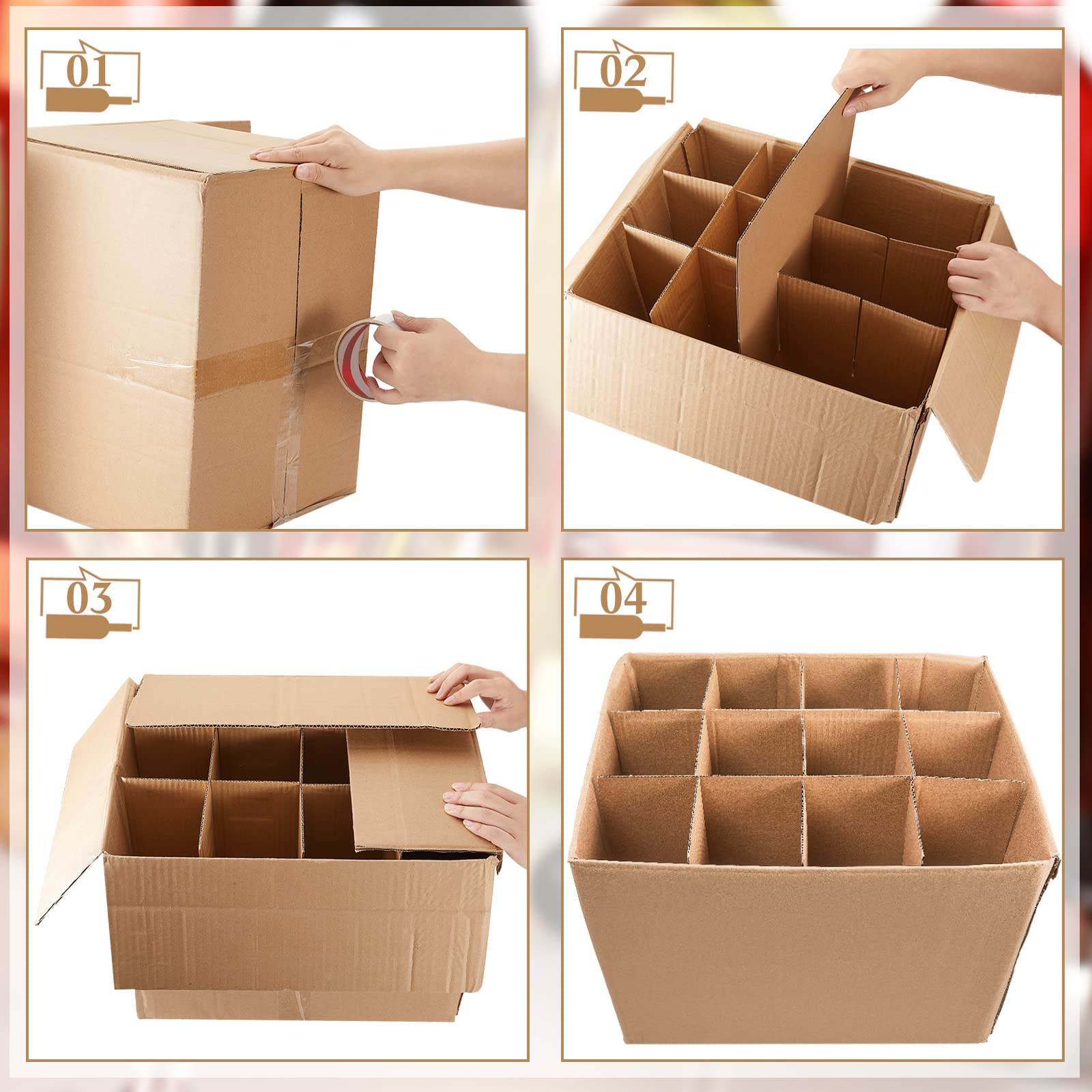 Leinuosen Moving Boxes Packing 16 x 12 x 12 Inch Divider Kits Included 10 Corrugate Dividers with 24 Foam Pouches for Shipping, Kitchen Moving Box Kit Dish Packing(4 Pack)