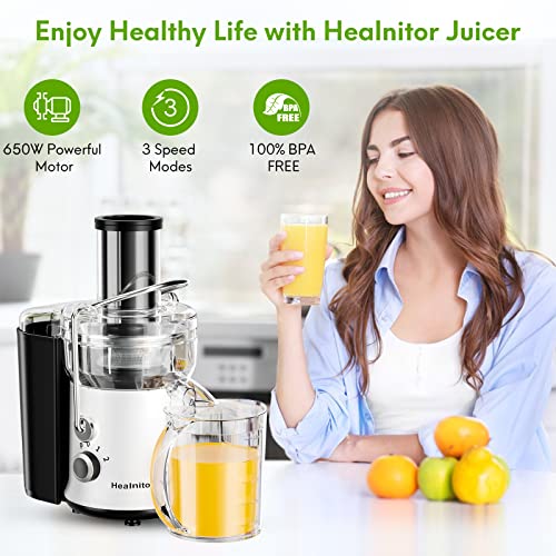 650W 3 Speeds Juicer Machines Vegetable and Fruit, Healnitor Centrifugal Juice Extractor with Big Mouth 3β Feed Chute, Easy to Clean, BPA-Free Compact Centrifugal Juice Maker, White