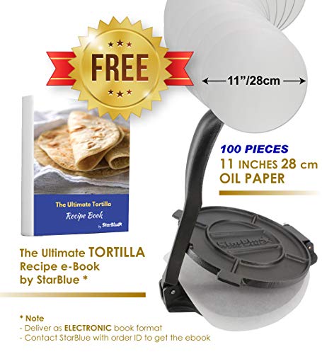 10 Inch Cast Iron Tortilla Press by StarBlue with FREE 100 Pieces Oil Paper and Recipes e-book - Tool to make Indian style Chapati, Flour Tortilla, Roti