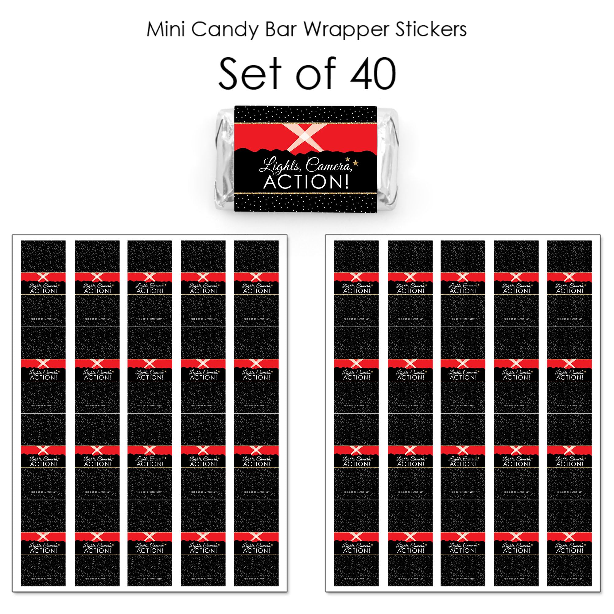 Big Dot of Happiness Red Carpet Hollywood - Mini Candy Bar Wrapper Stickers - Movie Night Party Small Favors - 40 Count