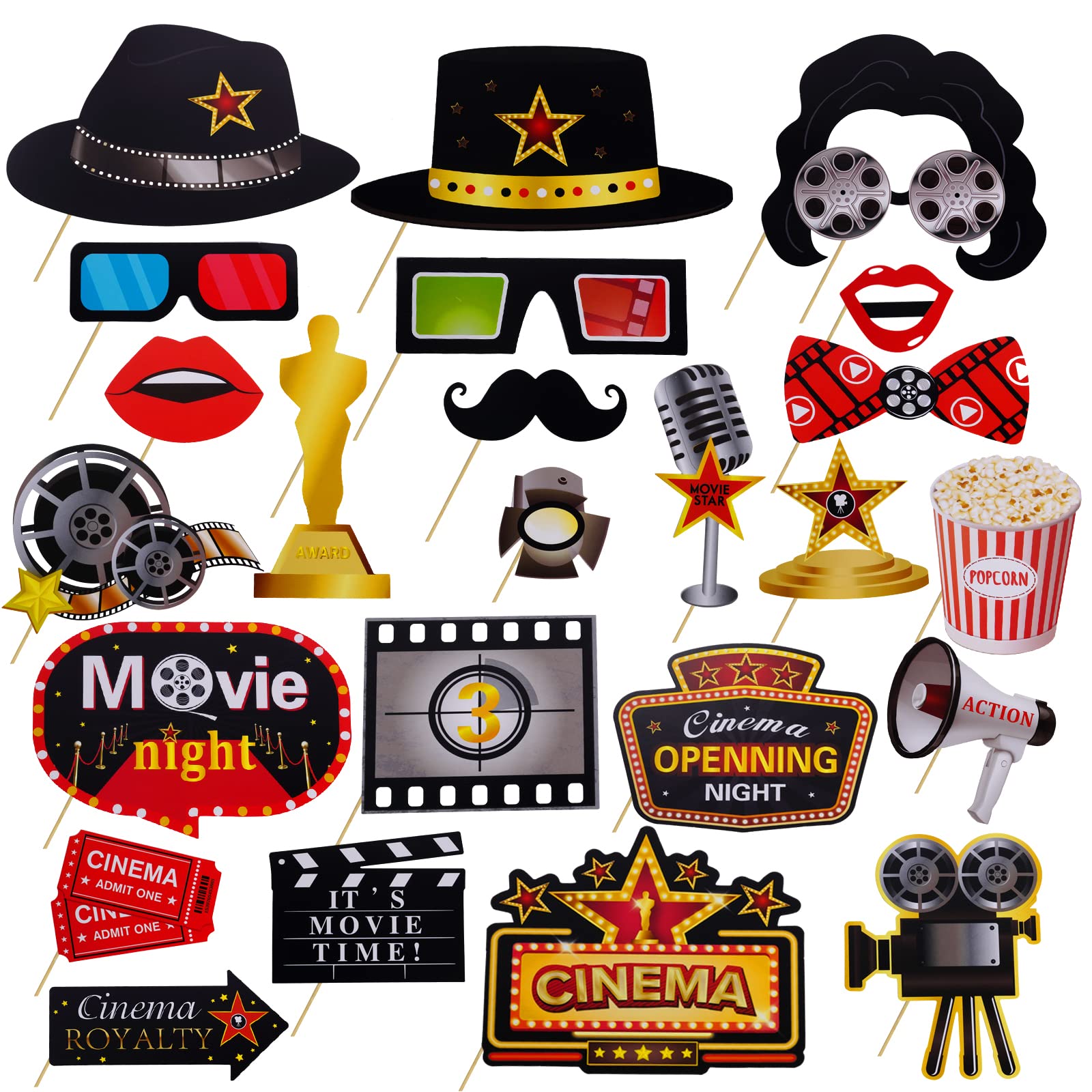 25Pcs Photo Booth Props Kit, Movie Night Party Supplies Decorations Red Carpet Cutouts Movie Party Cards Table Toppers