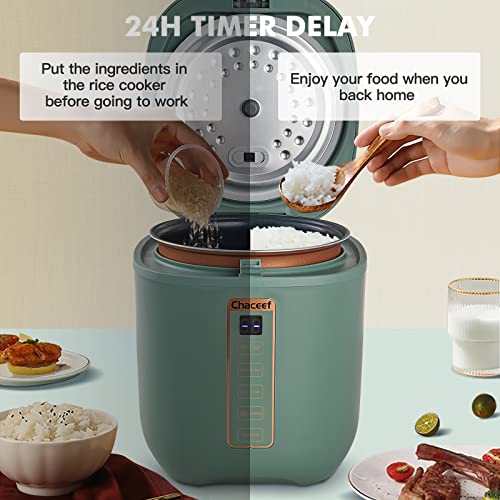 CHACEEF Mini Rice Cooker 2-Cups Uncooked, 1.2L Portable Non-Stick Small Travel Rice Cooker, Smart Control Multifunction Cooker with 24 Hours Timer Delay & Keep Warm Function, Food Steamer, Green