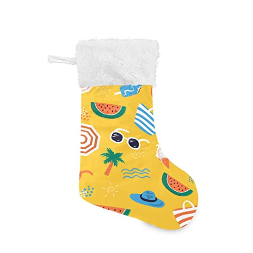 Kigai Christmas Stockings Cartoon Summer Patterns Large Candy Stockings Stuffers Kids Cute Xmas Sock Decorations 1PC for Home Holiday Party 12" x18"