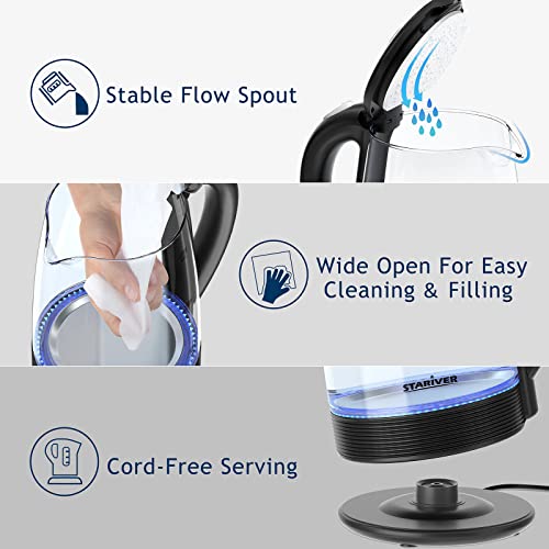 Stariver Electric Kettle, 2L Electric Tea Kettle, BPA-Free Glass Kettle with LED, Hot Water Kettle with Fast Boil, Auto Shut-Off & Boil-Dry Protection, Stainless Steel Inner Lid & Bottom, Black