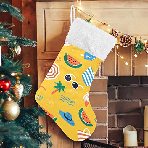 Kigai Christmas Stockings Cartoon Summer Patterns Large Candy Stockings Stuffers Kids Cute Xmas Sock Decorations 1PC for Home Holiday Party 12" x18"
