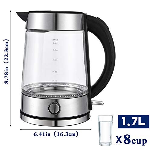 FAVIA Electric Kettle Water Boiler for Boiling Hot Water 1.7L with Wide Opening Auto Shut-Off & Boil-Dry Protection Tea Kettle Glass Pot Cordless LED Indicator 1500W BPA Free
