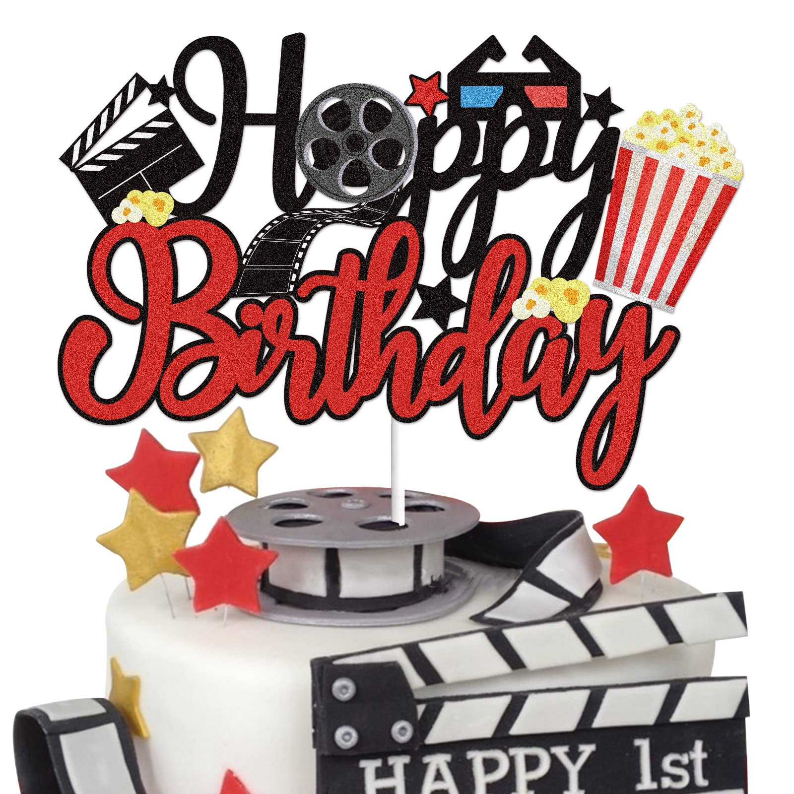 Movie Night Happy Birthday Cake Topper Glitter Movie Film Theater Birthday Cake Decoration Roll Hollywood Cinema Theme Birthday Party Baby Shower Supplies