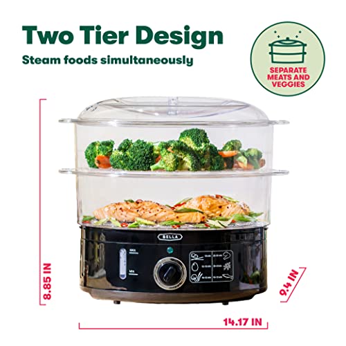 BELLA Two Tier Food Steamer, Healthy, Fast Simultaneous Cooking, Stackable Baskets for Vegetables or Meats, Rice/Grains Tray, Auto Shutoff & Boil Dry Protection, 7.4 QT, Black