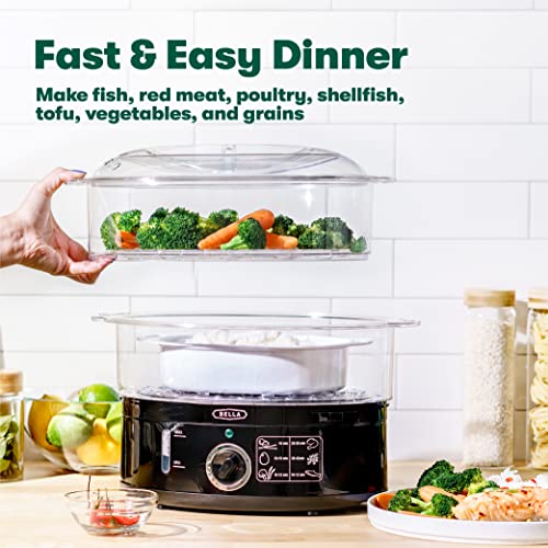 BELLA Two Tier Food Steamer, Healthy, Fast Simultaneous Cooking, Stackable Baskets for Vegetables or Meats, Rice/Grains Tray, Auto Shutoff & Boil Dry Protection, 7.4 QT, Black