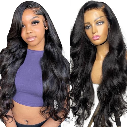 QAVA 30 inch Lace Front Wig Human Hair Pre Plucked 180 Density Body Wave 13x4 Glueless HD Transparent Lace Frontal Wigs Human Hair Brazilian Virgin Human Hair Wigs for Black Women