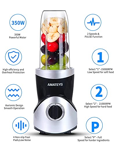 Amateys Personal Blender for Shakes and Smoothies,Professional Kitchen Blender with Blending & Grinding Blades, Portable Coffee Grinder with 24/10 OZ Travel Bottles, Adjustable Speeds Juice Blender