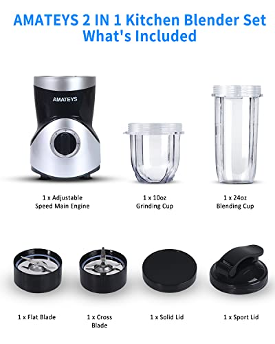 Amateys Personal Blender for Shakes and Smoothies,Professional Kitchen Blender with Blending & Grinding Blades, Portable Coffee Grinder with 24/10 OZ Travel Bottles, Adjustable Speeds Juice Blender