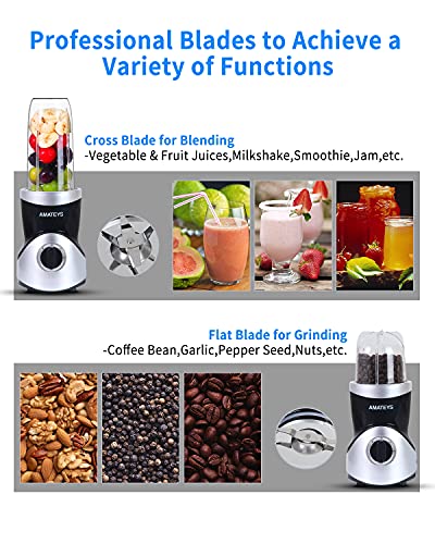 Amateys Personal Blender for Shakes and Smoothies,Professional Kitchen Blender with Blending & Grinding Blades, Portable Coffee Grinder with 24/10 OZ Travel Bottles, Adjustable Speeds Juice Blender