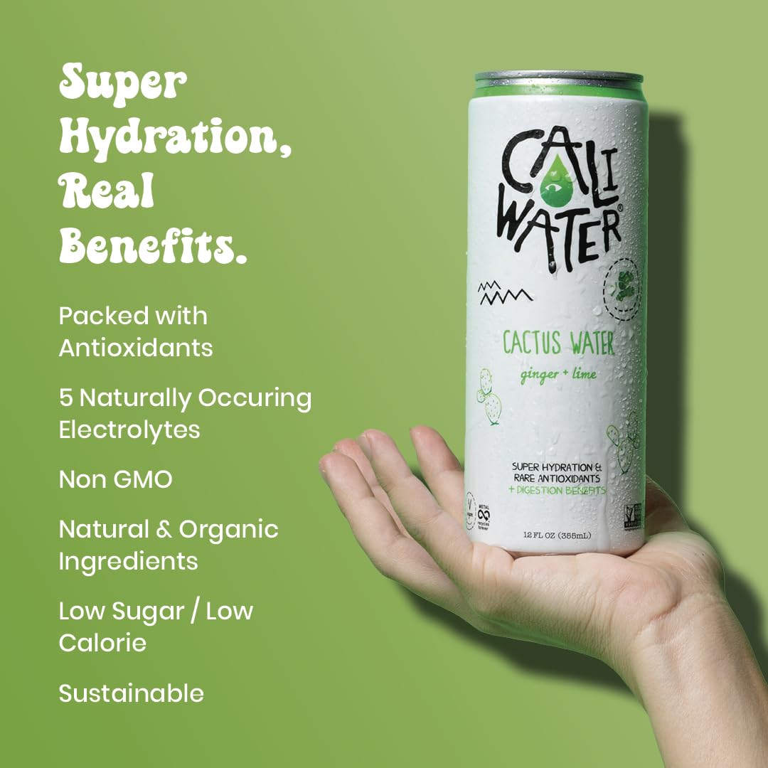 Caliwater - Organic Cactus Water - Ginger and Lime - 5g Sugar, 25 Calories - Coconut Water Alternative - Natural Plant Based Hydration - Skin Care, Electrolyte Drinks - Flavored Water - 12 Cans