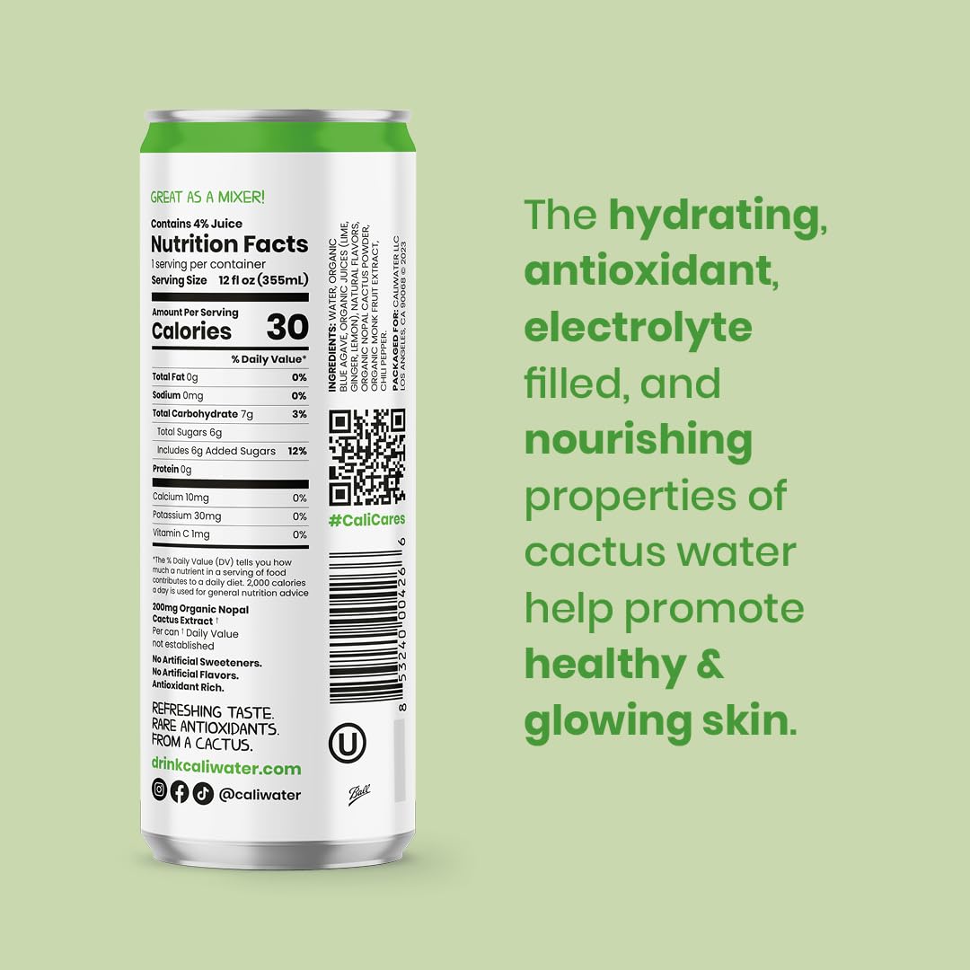Caliwater - Organic Cactus Water - Ginger and Lime - 5g Sugar, 25 Calories - Coconut Water Alternative - Natural Plant Based Hydration - Skin Care, Electrolyte Drinks - Flavored Water - 12 Cans