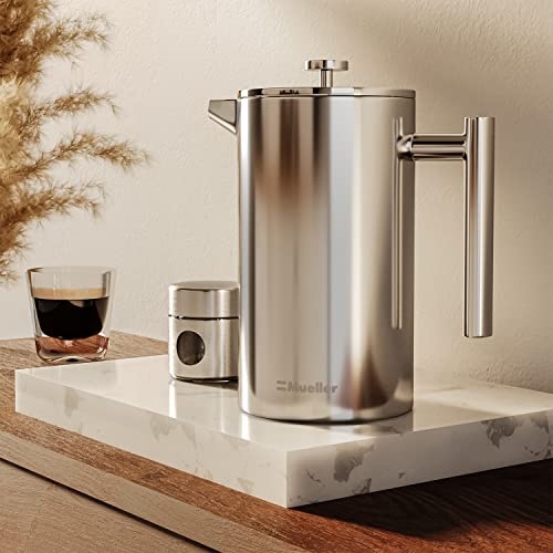 Mueller French Press Double Insulated 304 Stainless Steel Coffee Maker 4 Level Filtration System, No Coffee Grounds, Rust-Free, Dishwasher Safe