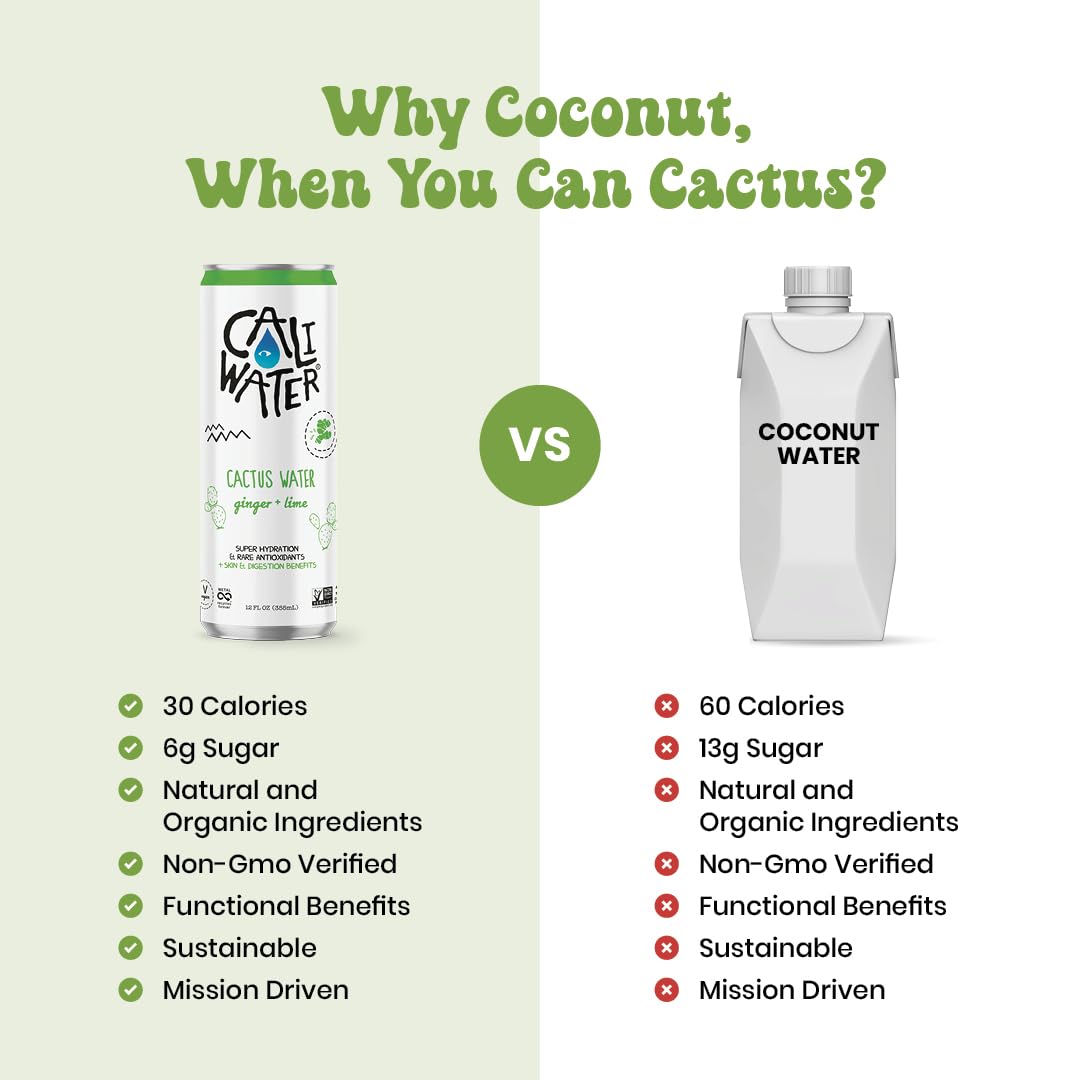 Caliwater - Organic Cactus Water - Ginger and Lime - 5g Sugar, 25 Calories - Coconut Water Alternative - Natural Plant Based Hydration - Skin Care, Electrolyte Drinks - Flavored Water - 12 Cans