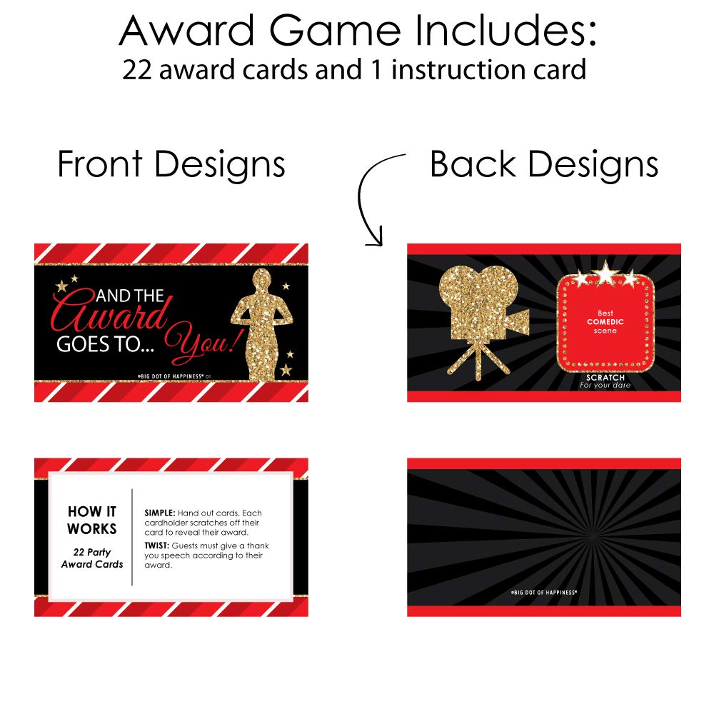 Big Dot of Happiness Red Carpet Hollywood - Movie Night Party Game Award Scratch Off Cards - 22 Count