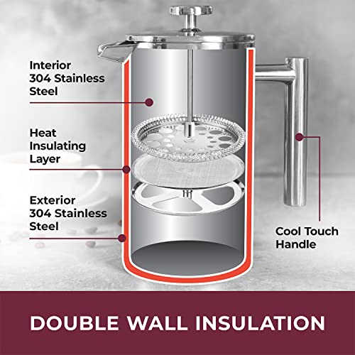 Mueller French Press Double Insulated 304 Stainless Steel Coffee Maker 4 Level Filtration System, No Coffee Grounds, Rust-Free, Dishwasher Safe