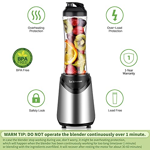 La Reveuse Smoothies Blender Personal Size 300 Watts with 18 oz BPA-Free Portable Travel Sports Bottle (Silver)
