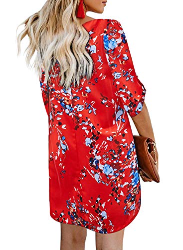AlvaQ Women Boho Floral Print Dress Summer V Neck Short Sleeve Button Down Loose Skater Mini Dresses Swing Sundress Plus Size Orange 1X