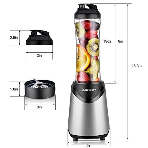 La Reveuse Smoothies Blender Personal Size 300 Watts with 18 oz BPA-Free Portable Travel Sports Bottle (Silver)