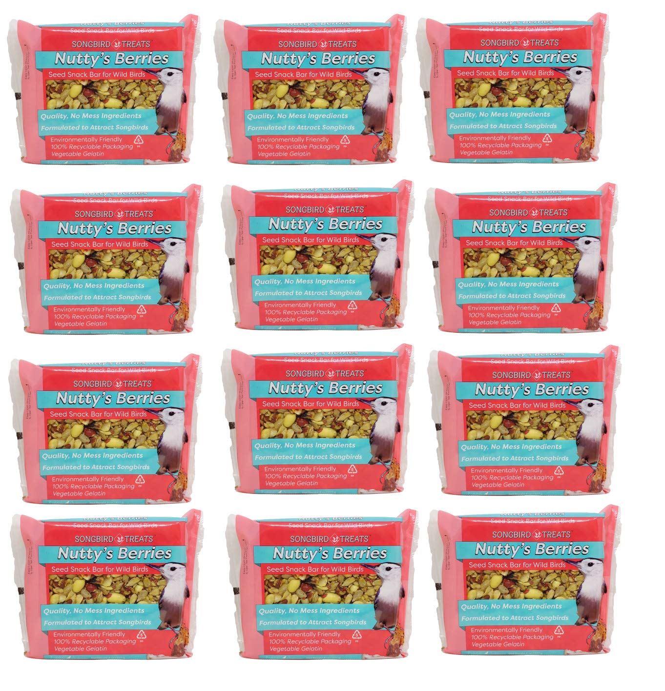 Songbird Treats Seed Bars | 12 Pack of 8 oz Bird Seed Cakes for Wild Birds (Nutty's Berries)