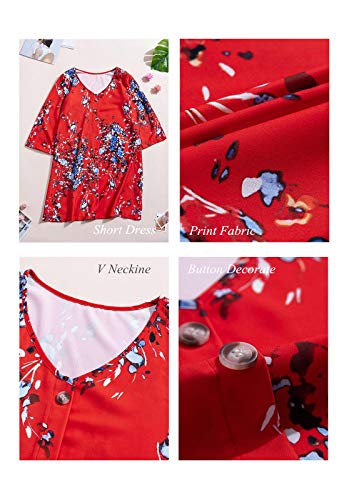 AlvaQ Women Boho Floral Print Dress Summer V Neck Short Sleeve Button Down Loose Skater Mini Dresses Swing Sundress Plus Size Orange 1X