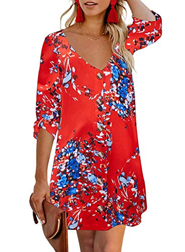 AlvaQ Women Boho Floral Print Dress Summer V Neck Short Sleeve Button Down Loose Skater Mini Dresses Swing Sundress Plus Size Orange 1X