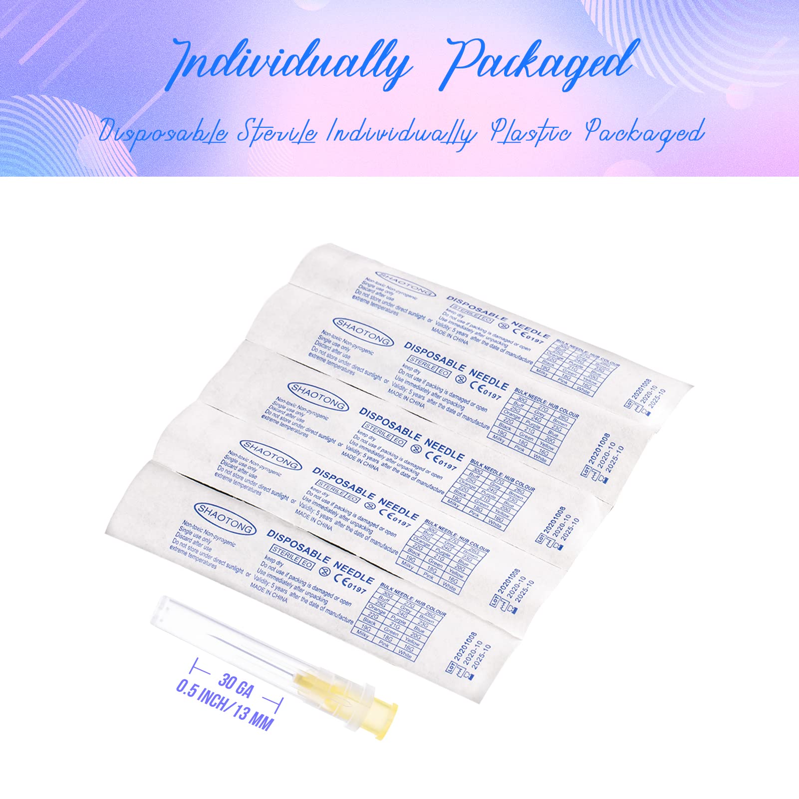 SHAOTONG 30 Gauge 1/2 Inch Luer Lock Accessories Disposable Lab Supplies, Pack of 100