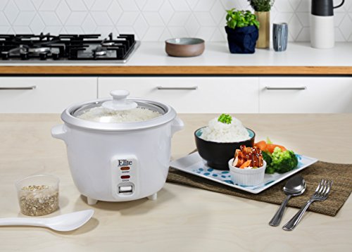 Elite Cuisine ERC-003 Electric Rice Cooker with Automatic Keep Warm Makes Soups, Stews, Grains, Hot Cereals, White, 6 Cups Cooked (3 Cups Uncooked)