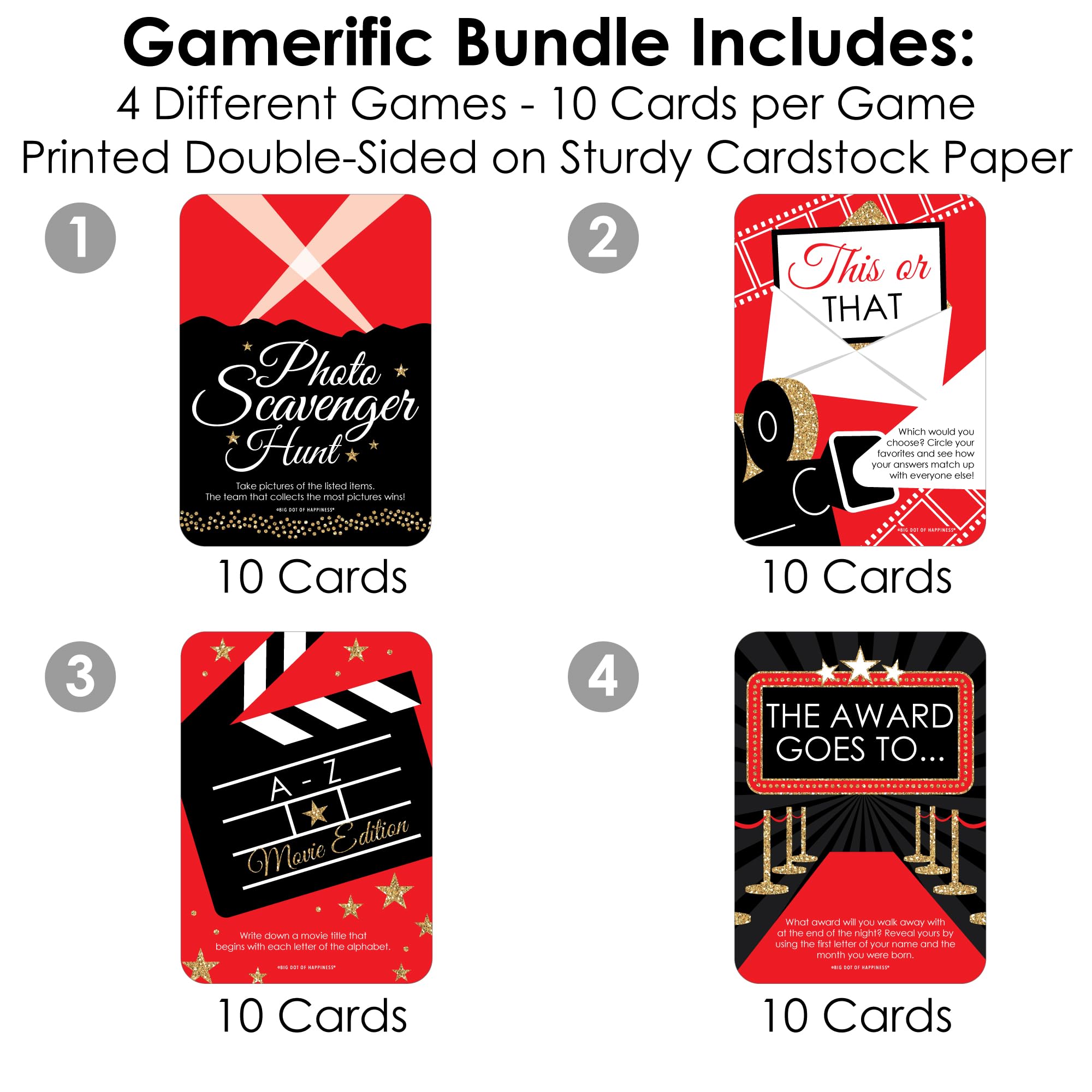 Big Dot of Happiness Red Carpet Hollywood - 4 Movie Night Party Games - 10 Cards Each - Gamerific Bundle