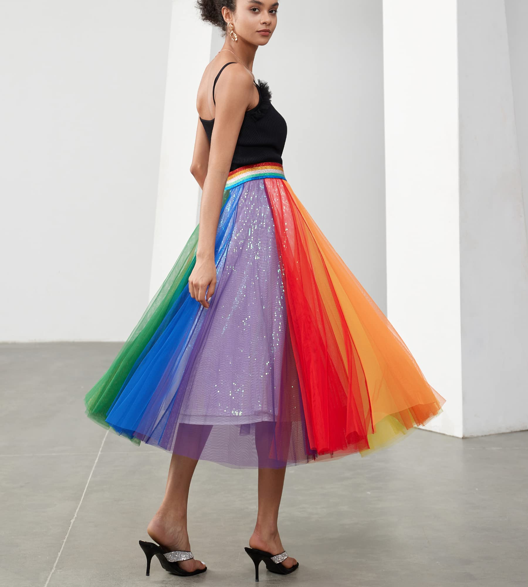 Dwirapal Sequin Long Tulle Skirt 4 Layered Flowy Fairy Sparkle Party Mesh Tea Length Big Hem Skirts for Women