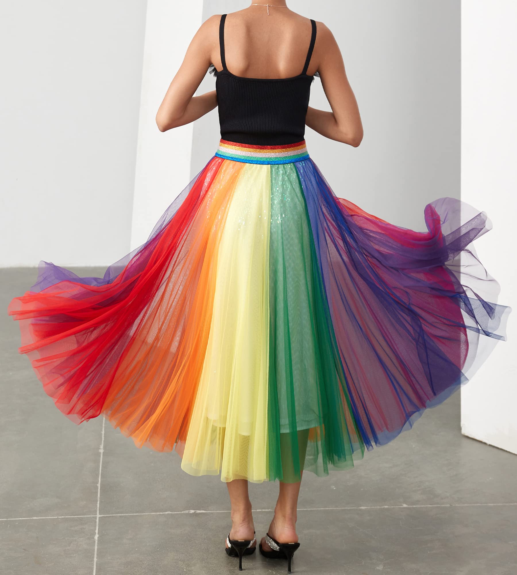 Dwirapal Sequin Long Tulle Skirt 4 Layered Flowy Fairy Sparkle Party Mesh Tea Length Big Hem Skirts for Women
