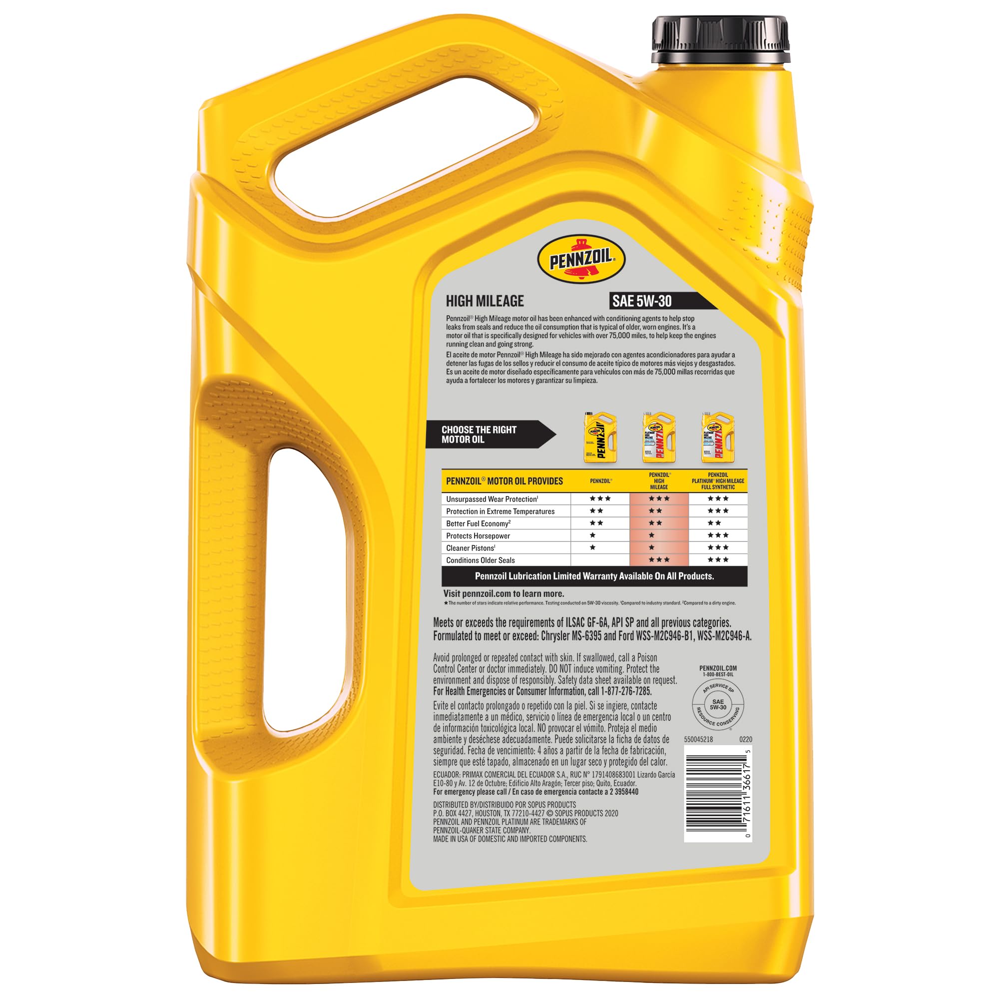 Pennzoil High Mileage 5W-30 Motor Oil, 5 Quart