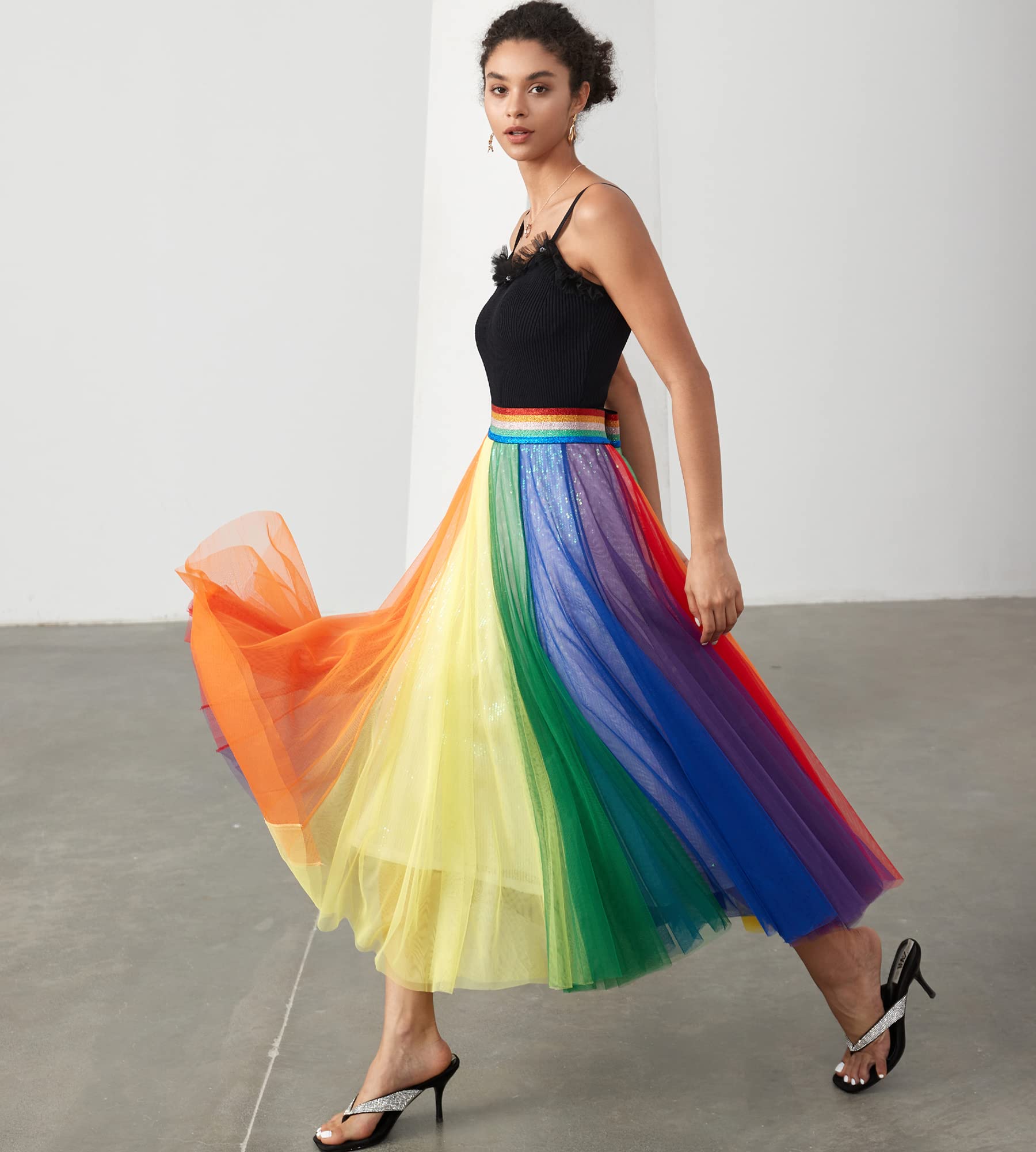 Dwirapal Sequin Long Tulle Skirt 4 Layered Flowy Fairy Sparkle Party Mesh Tea Length Big Hem Skirts for Women